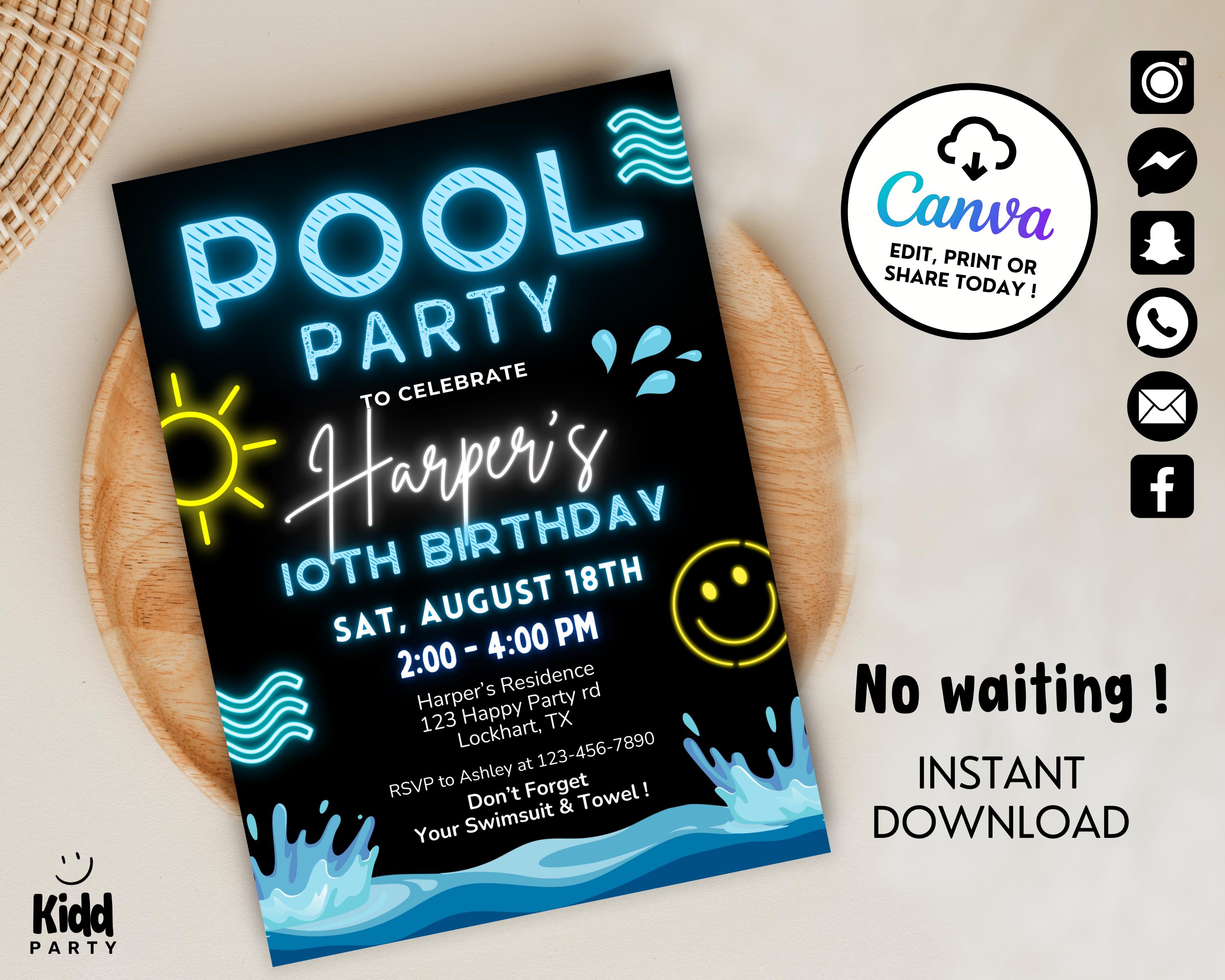 Neon Pool Party Birthday Invitation, Boy Pool Party Invite, Tropical ...