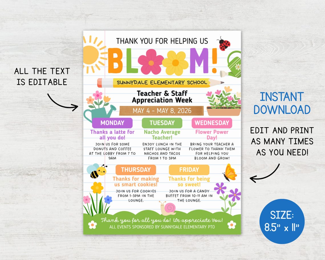 Teacher Appreciation Week Itinerary Poster, Help Us Bloom, Editable ...