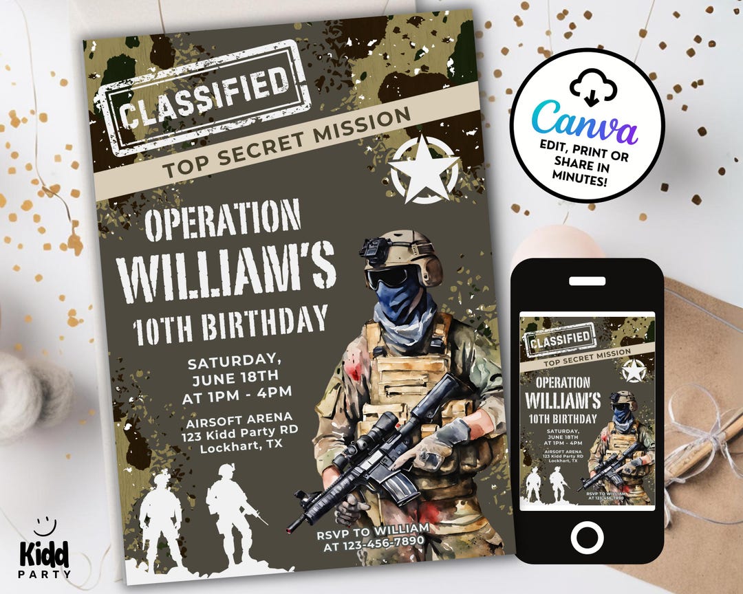 Editable Military Party Invitations, Army Birthday Invitation, Soldier ...
