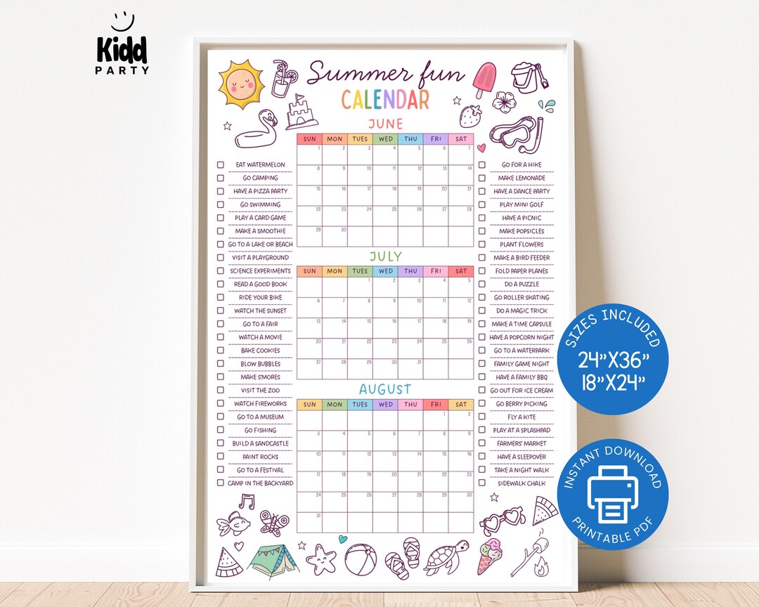 Printable Summer Fun Calendar Poster, Coloring Activities Checklist ...