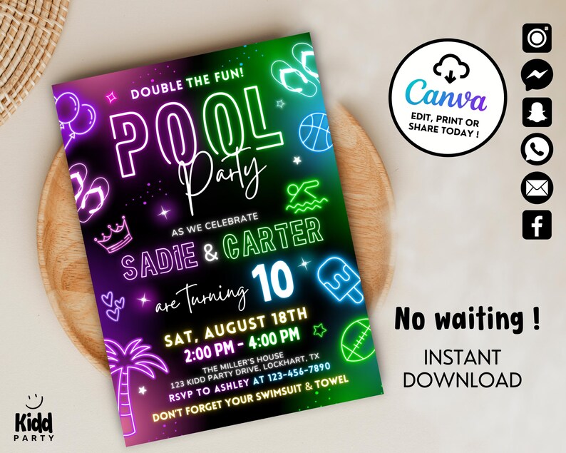 Double Birthday Neon Pool Party Invitation for Twins Pool Party Invite ...