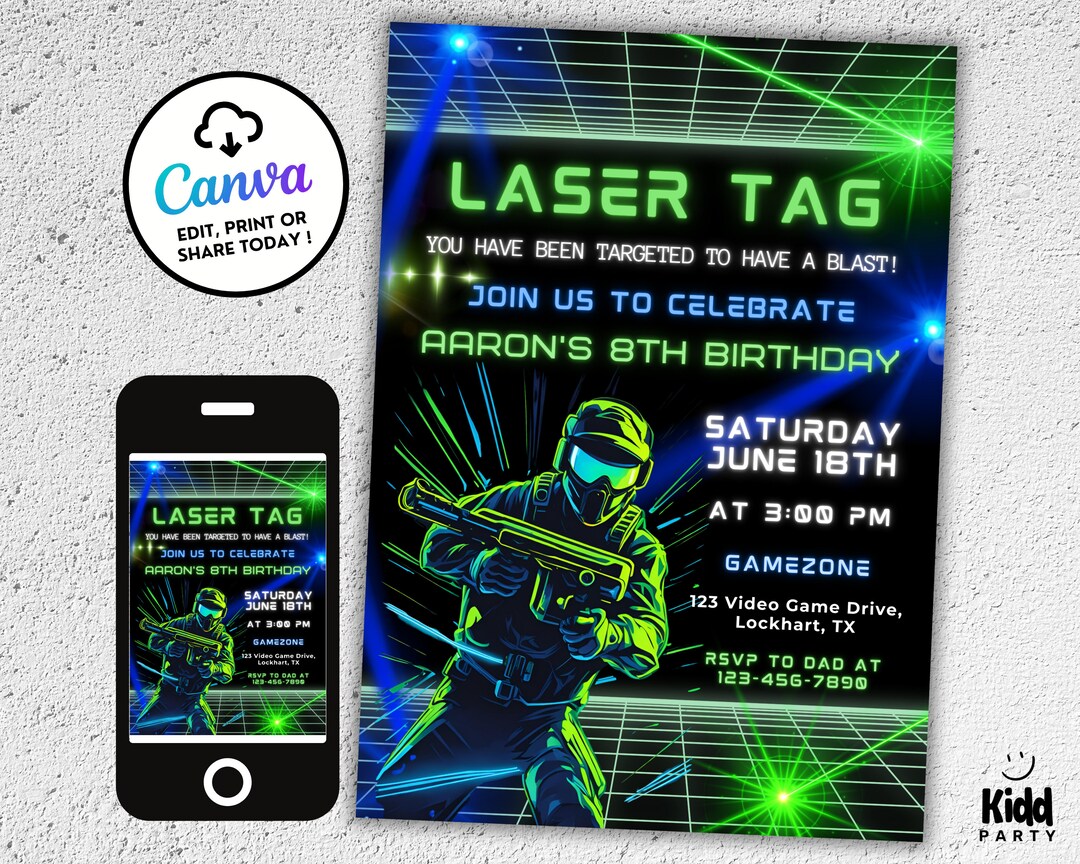 Laser Tag Birthday Invitation, Laser Tag Invitation, Green Blue Neon ...