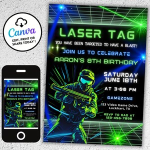 Laser Tag Birthday Invitation, Laser Tag Invitation, Green Blue Neon ...