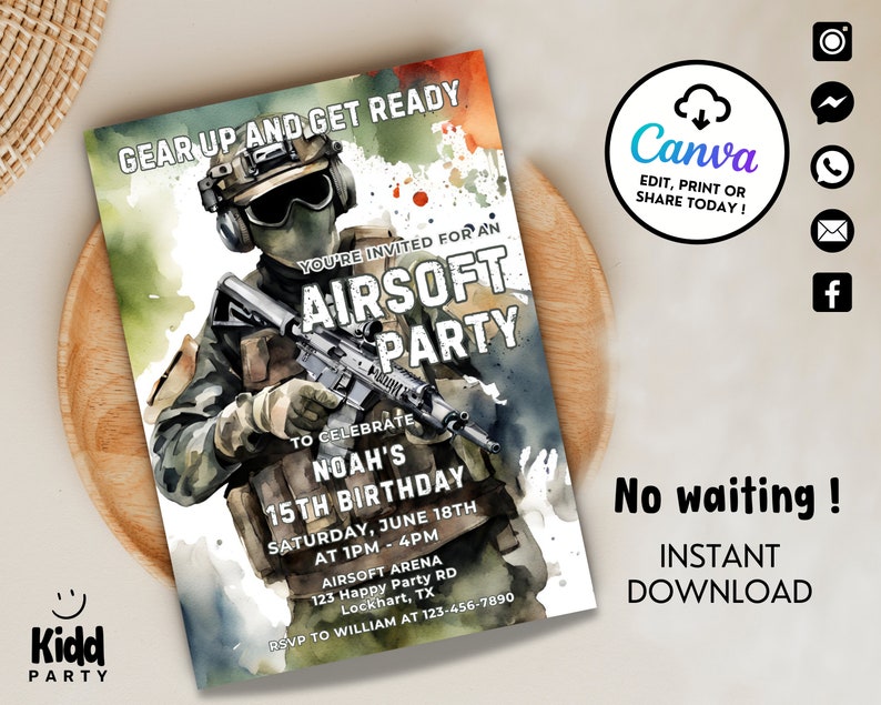 Editable Airsoft Party Invitation, Airsoft Birthday Invite, Camo ...