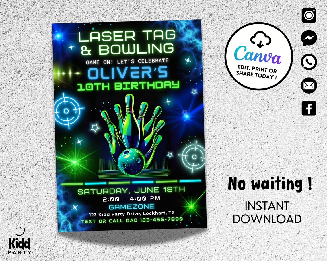 Laser Tag Bowling Birthday Invitation, Glow Laser Tag Invite, Neon ...