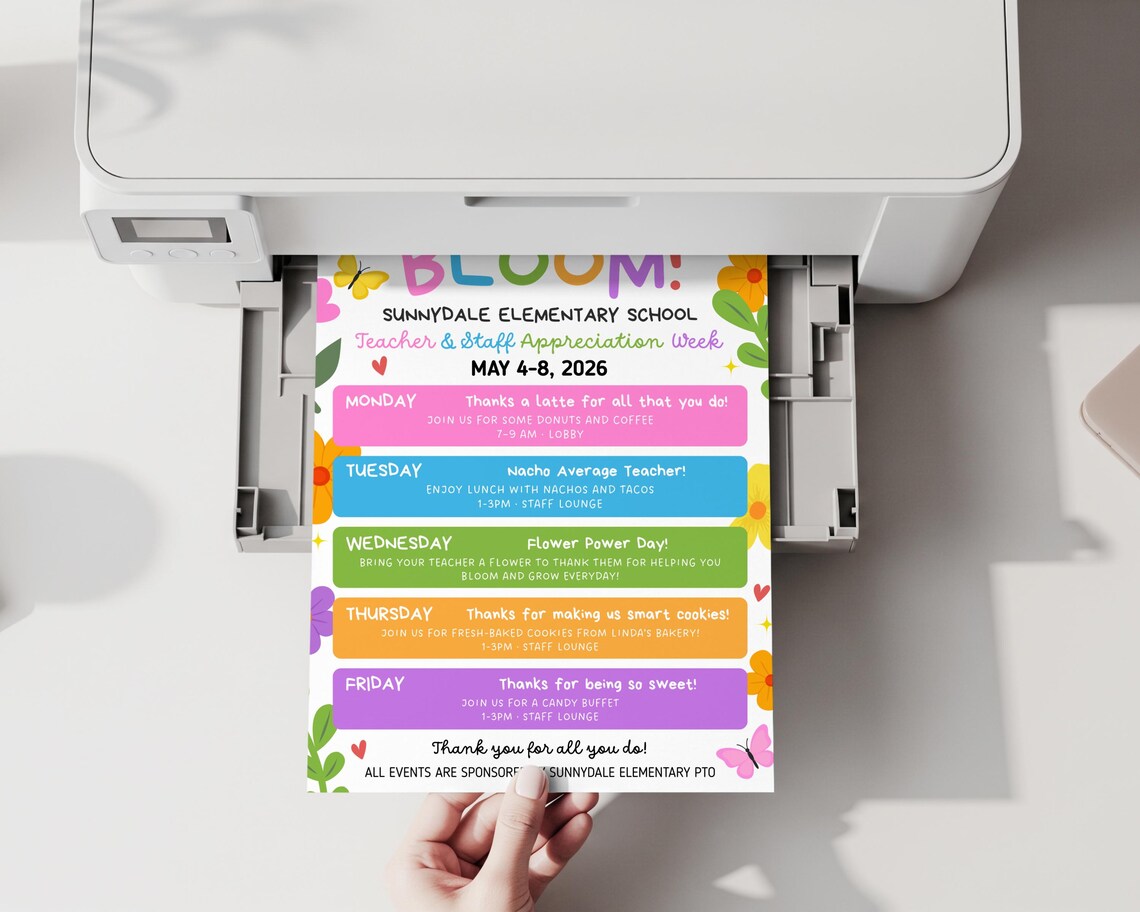 Editable Floral Teacher and Staff Appreciation Week Flyer Itinerary ...