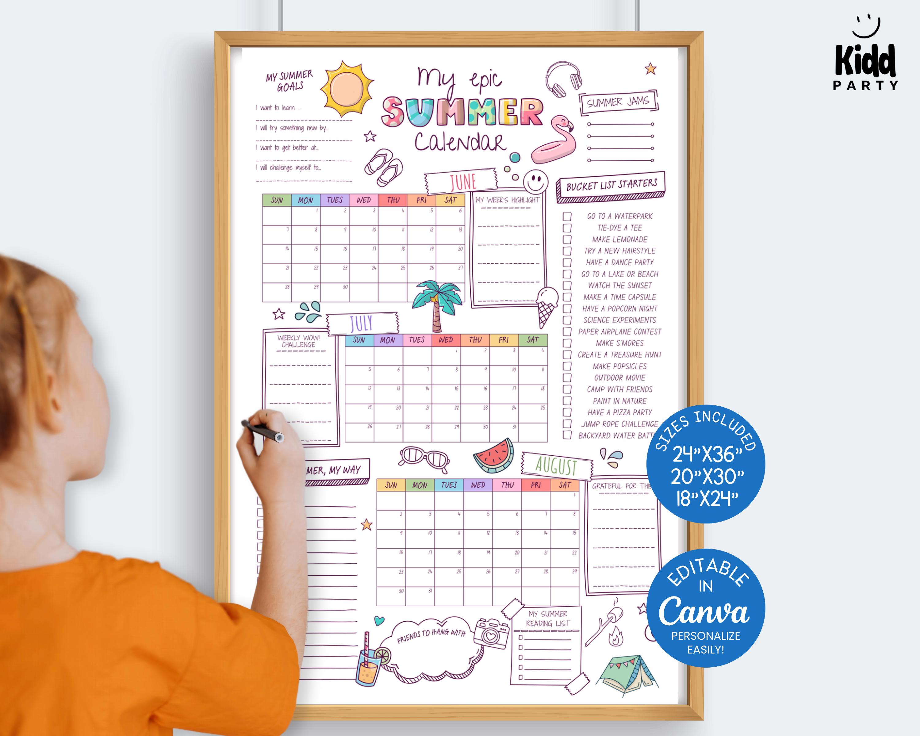 Editable Summer Calendar Poster, Printable 2026 Summer Bucket List ...