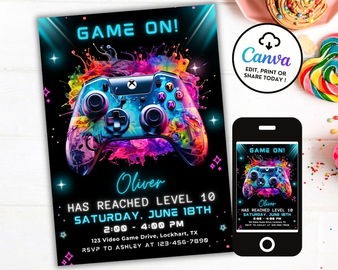 Editable Video Game Birthday Invitation - Gamer Party Canva Invite ...
