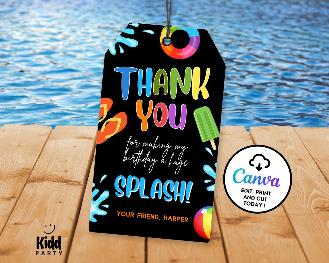 Editable Waterslide Birthday Thank You Tag, Summer Pool Party Favor Tag ...