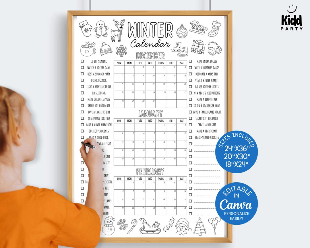 2025-2026 Winter Calendar Poster Printable Winter Bucket List Kid ...