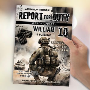 Report for Duty Birthday Invitation, Soldiers Invitation, Army ...