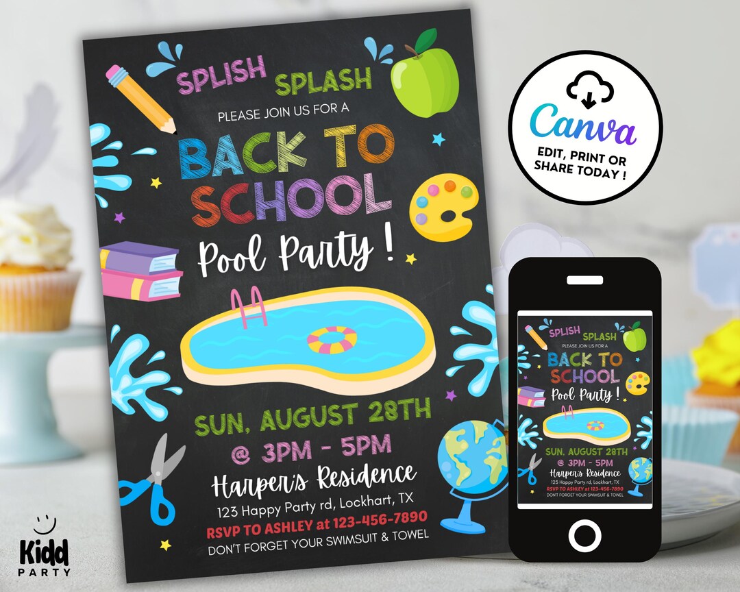 Editable Back to School Pool Party Invitation, Splish Splash Water ...