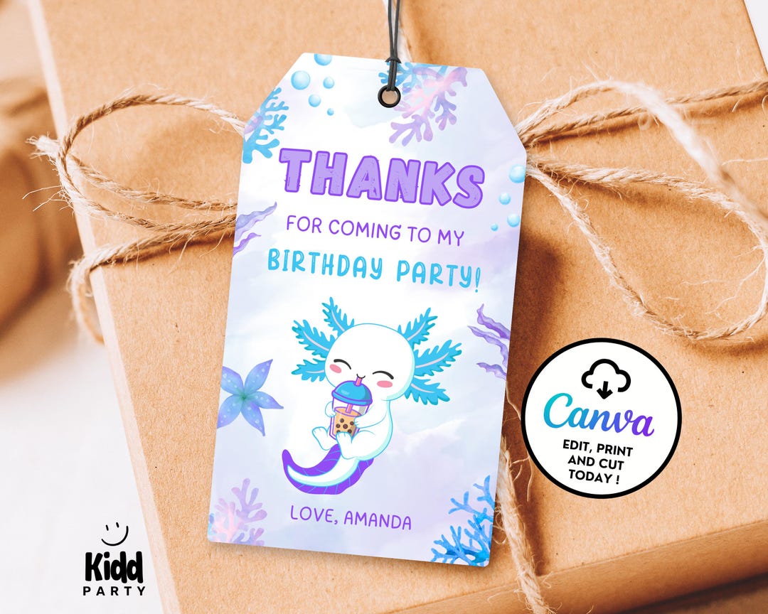 Axolotl Birthday Favor Tag, Editable Purple Axolotl Party Gift Tag ...