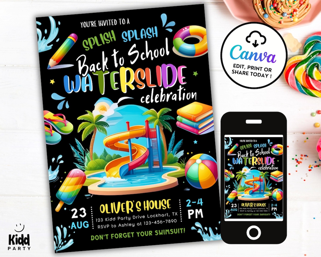 Editable Back to School Waterslide Invitation, Splish Splash Water Slide Party Invite, Pool ...