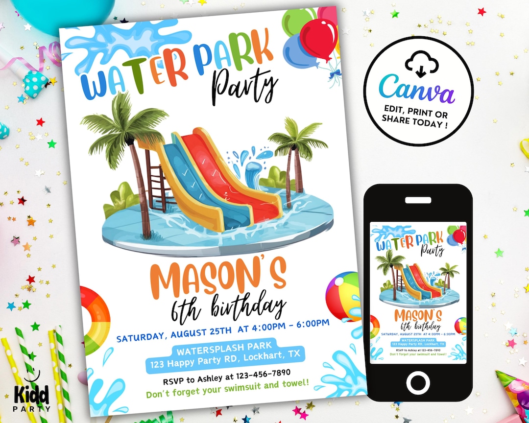 Water Park Birthday Party Invitation, Water Park Invite, Waterslide ...