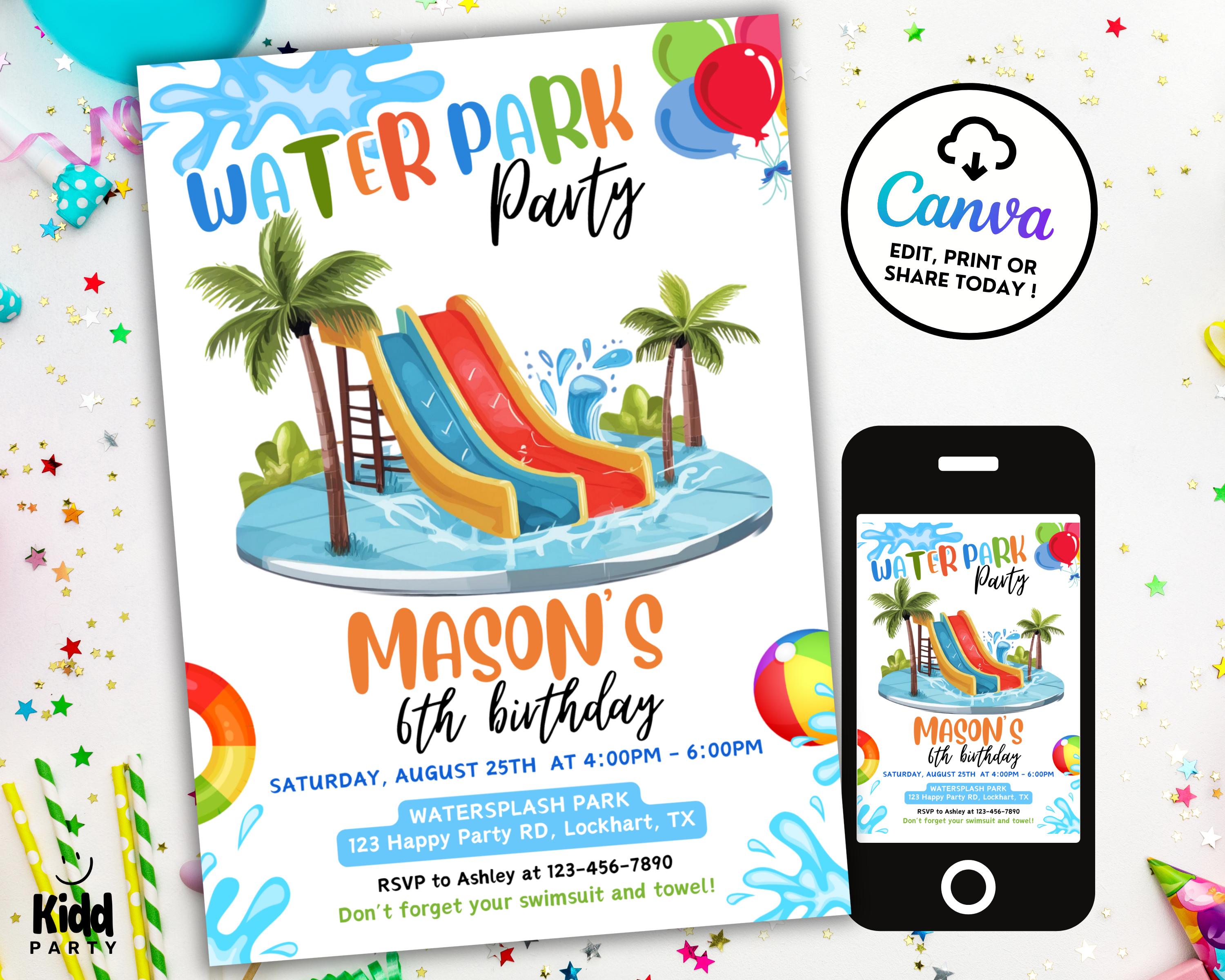 Water Park Birthday Party Invitation, Water Park Invite, Waterslide ...
