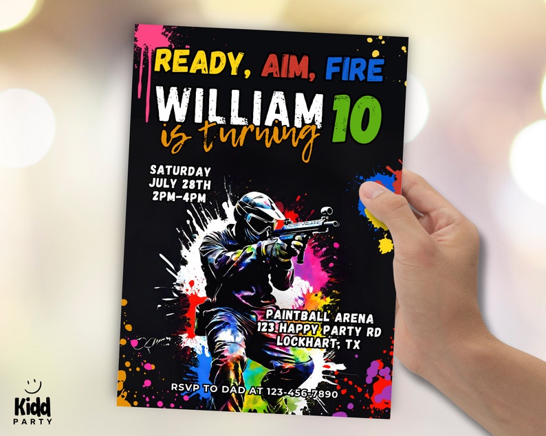 Editable Paintball Party Invitation Colorful Flyer Boy Girl Paintball ...
