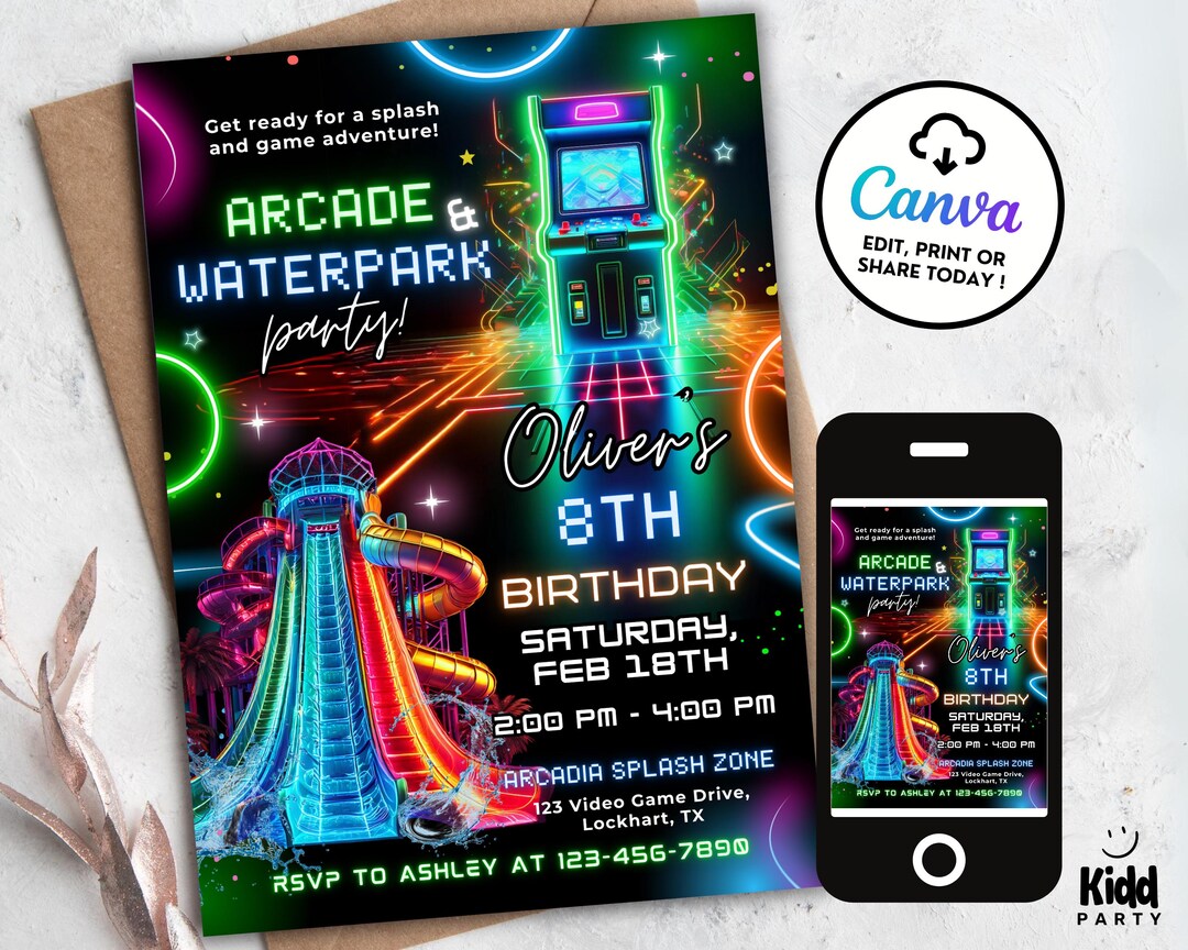 Waterpark Arcade Birthday Party Invitation, Arcade Water Park Birthday ...