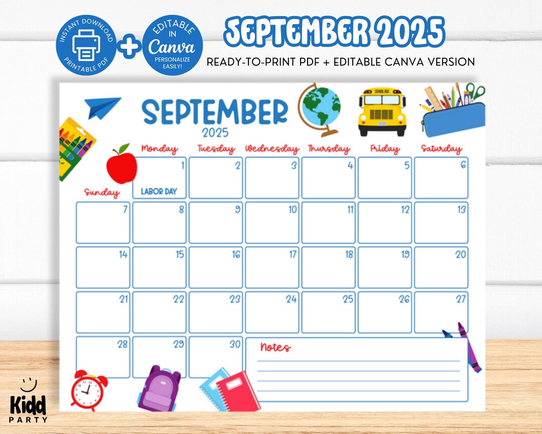 Editable September 2025 Calendar, Kids School Calendar, Printable ...