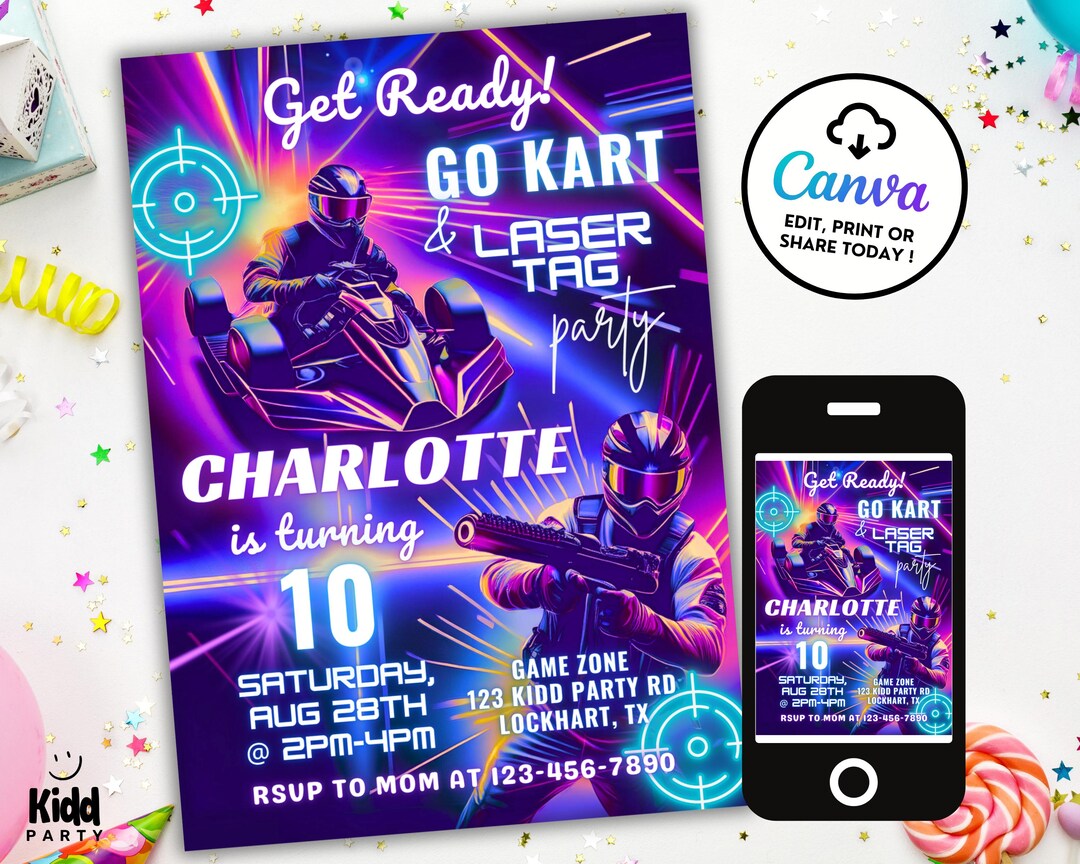 Laser Tag and Go Kart Invitation, Girl Go Kart Laser Tag Party, Laser ...