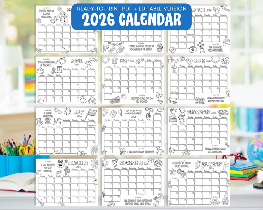 Kid 2026 Monthly Calendar, Coloring Growth Mindset Quotes, Printable ...
