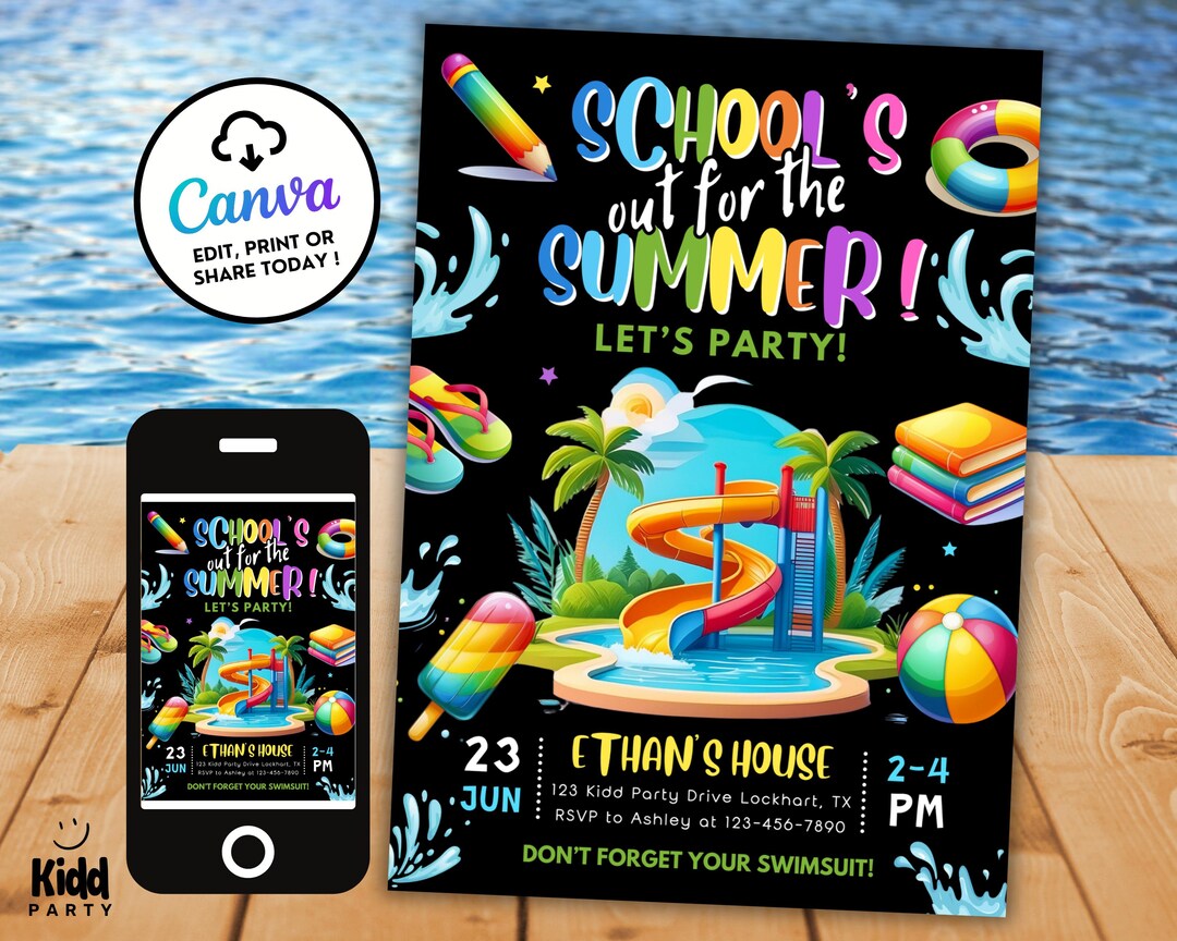 End of School Water Slide Party Invitation Schools Out Party Invite ...