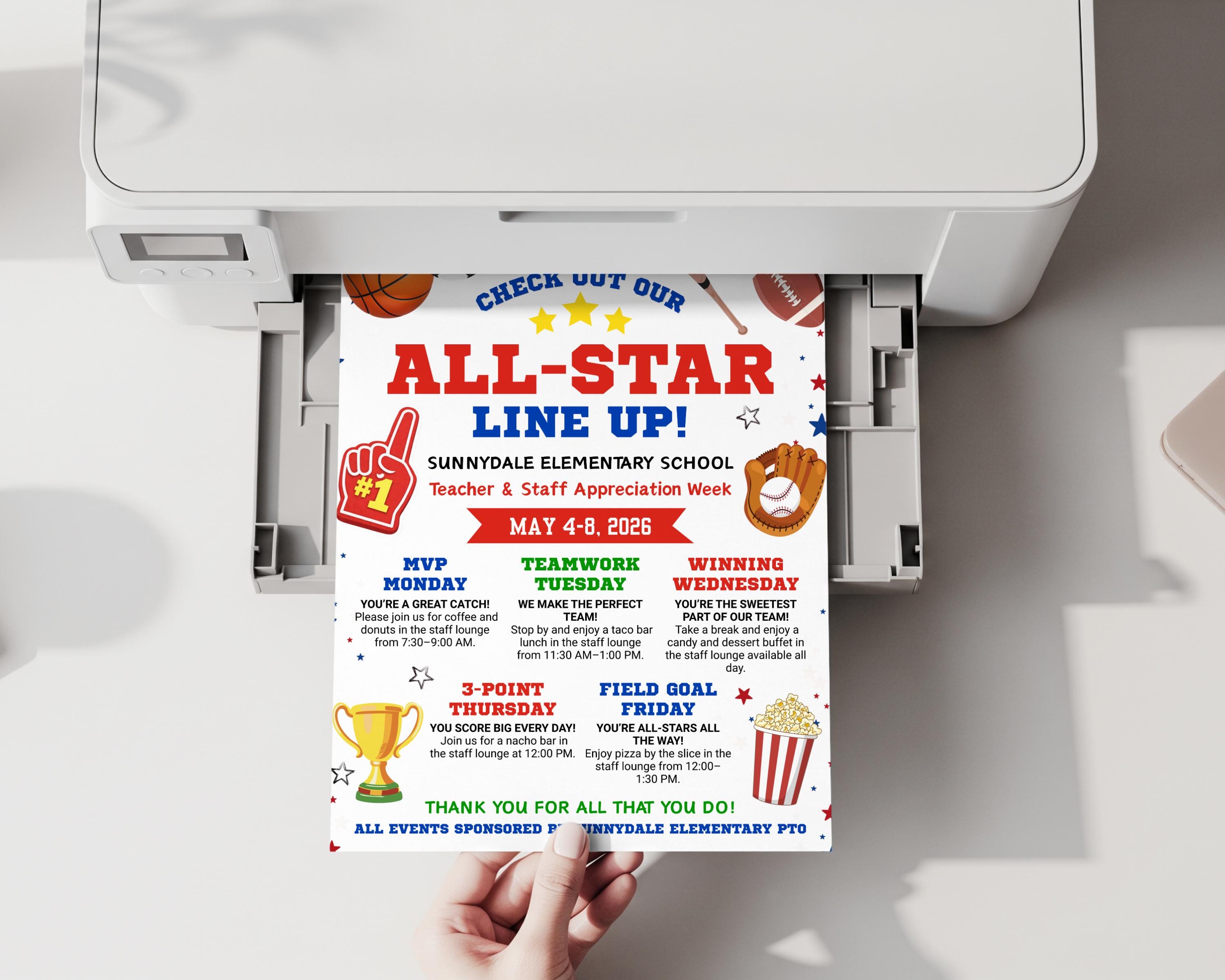 Editable Sports All Star Vip Teacher Appreciation Week Itinerary Poster ...