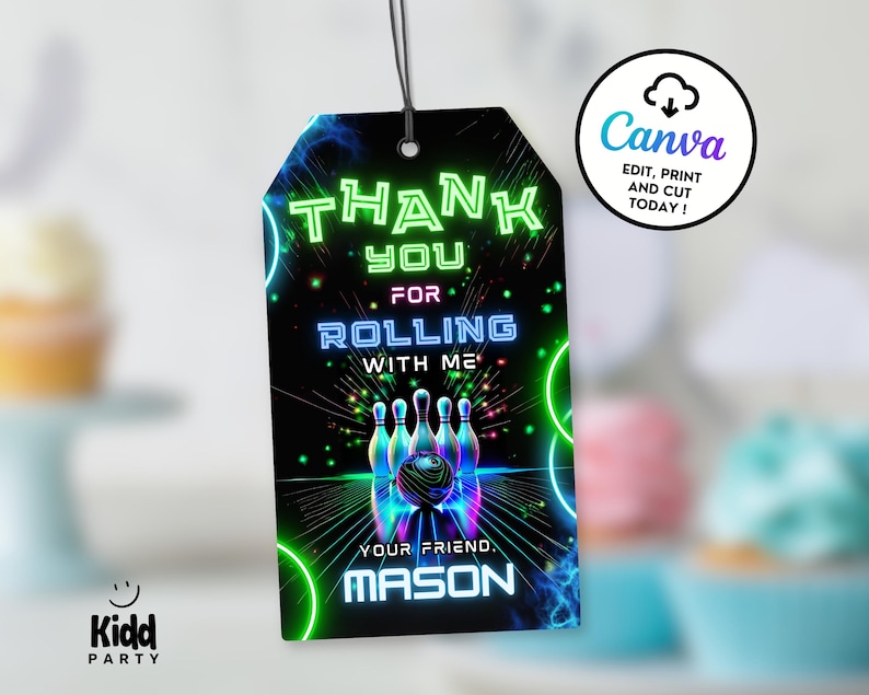 Editable Bowling Birthday Thank You Tag, Glow Bowling Favor Tag, Neon ...