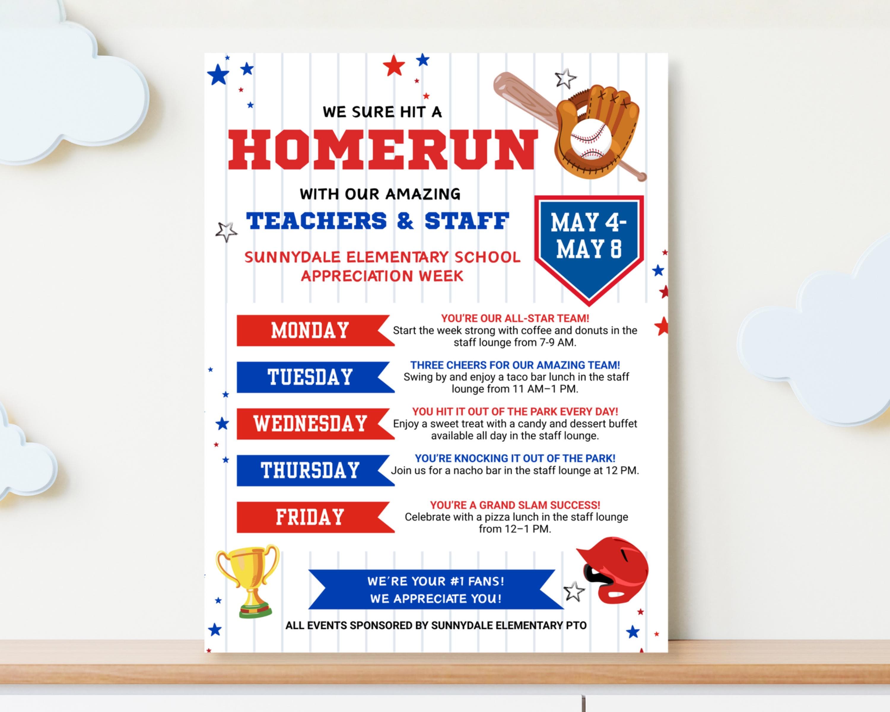 Home Run Teacher Appreciation Week Itinerary Flyer, Baseball Star ...