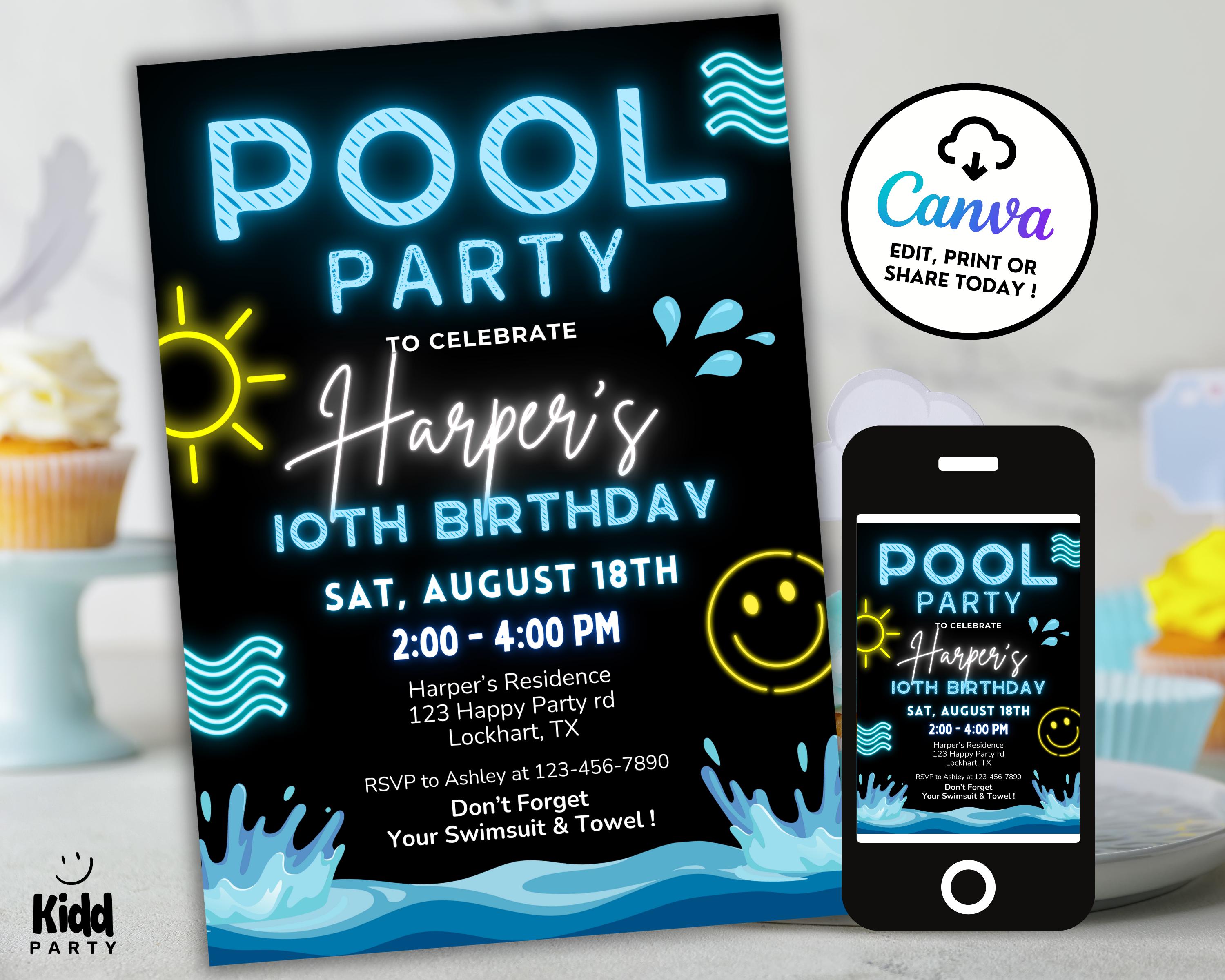 Neon Pool Party Birthday Invitation, Boy Pool Party Invite, Tropical ...