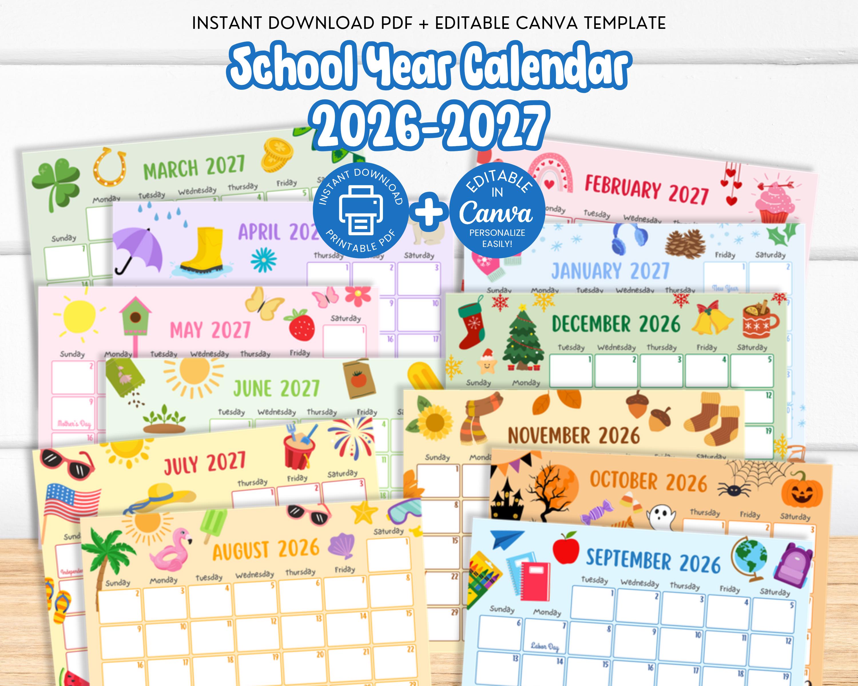2026 2027 School Year Calendar, Printable Monthly School Planner ...