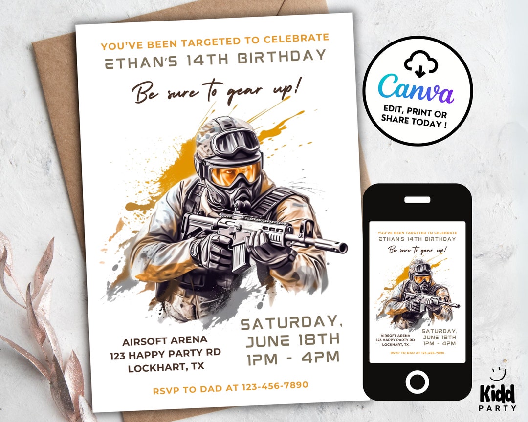 Editable Airsoft Party Invitation - Military Flyer - Airsoft Game Ammo ...