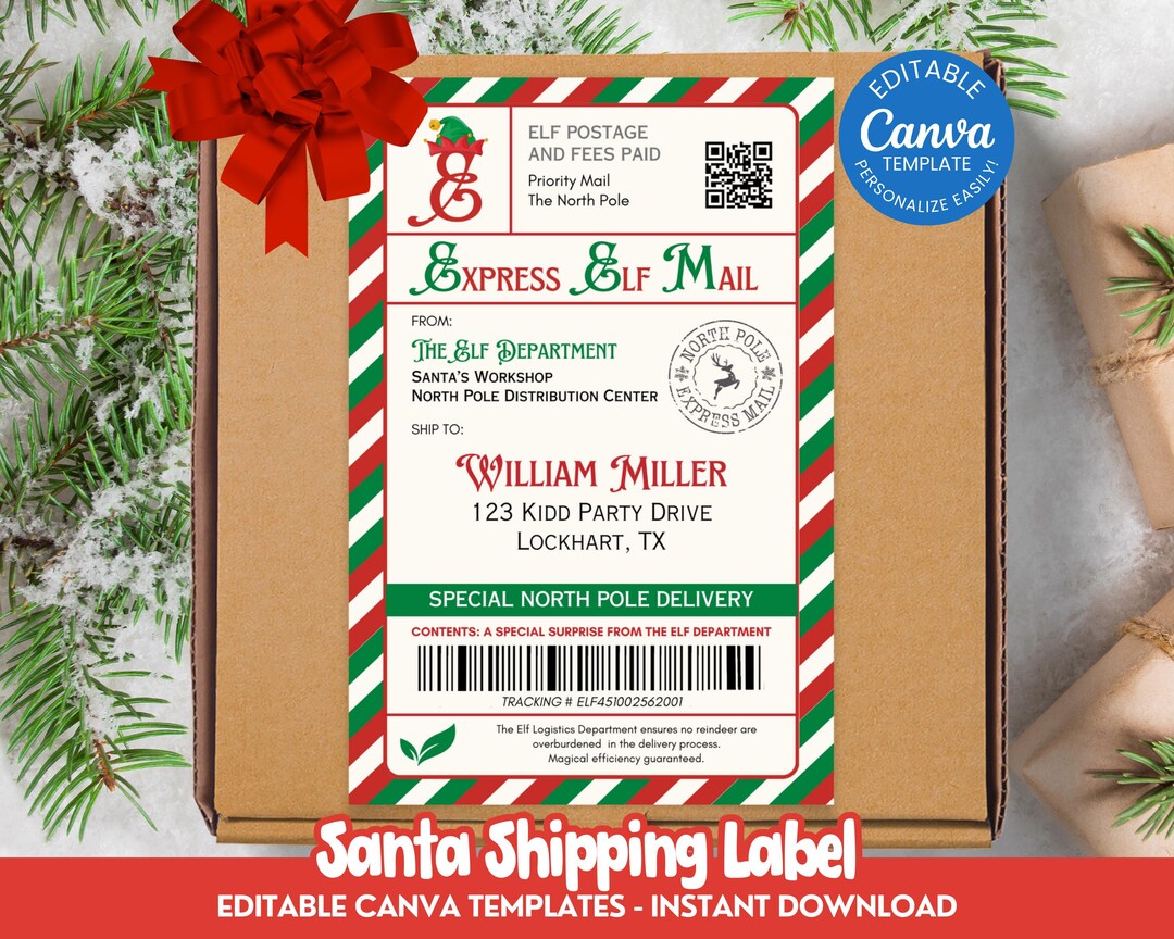 Editable Elf Mail Shipping Postage Label, Printable Arrival Package ...