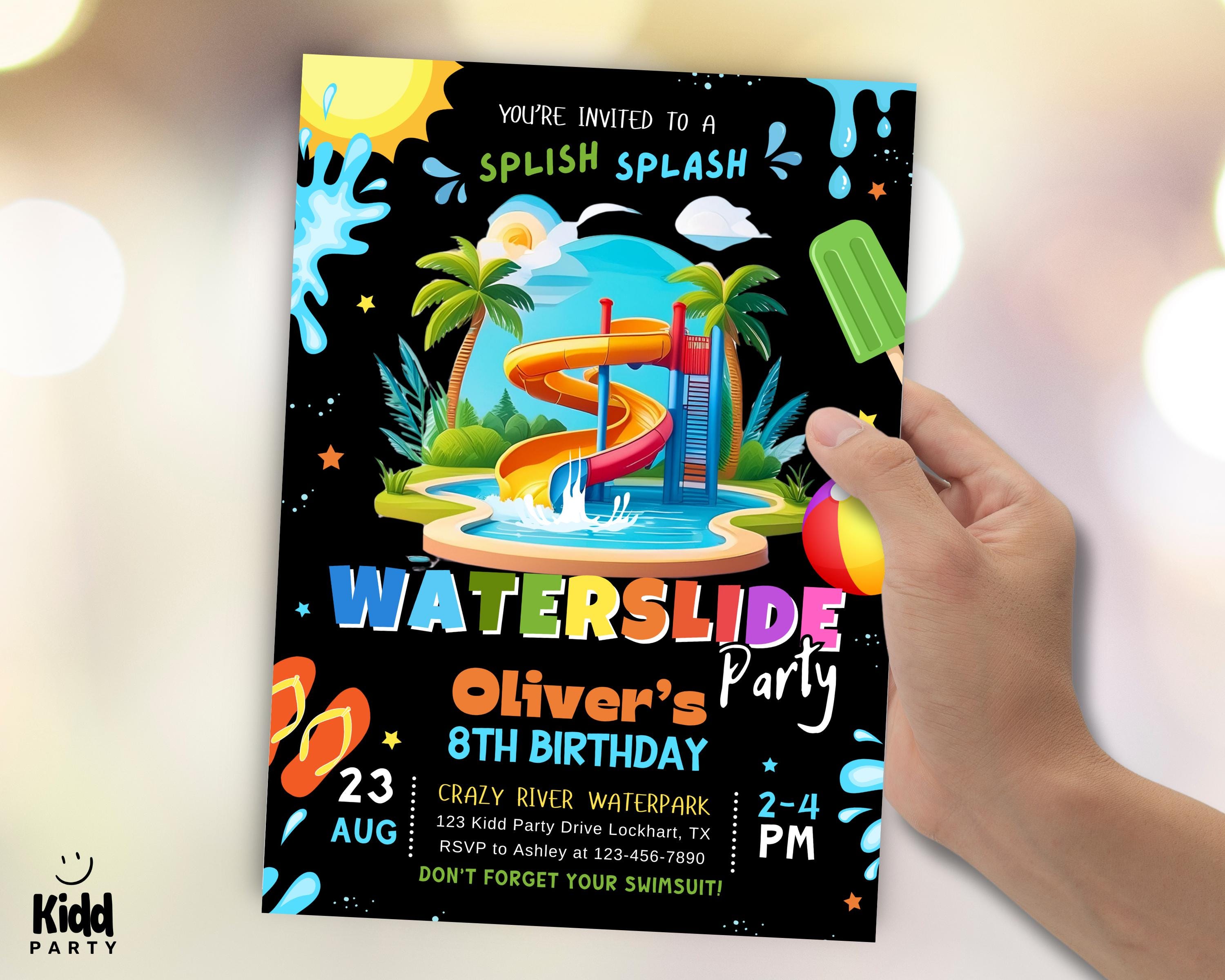 Editable Waterslide Birthday Invitation, Water Park Party Invite ...