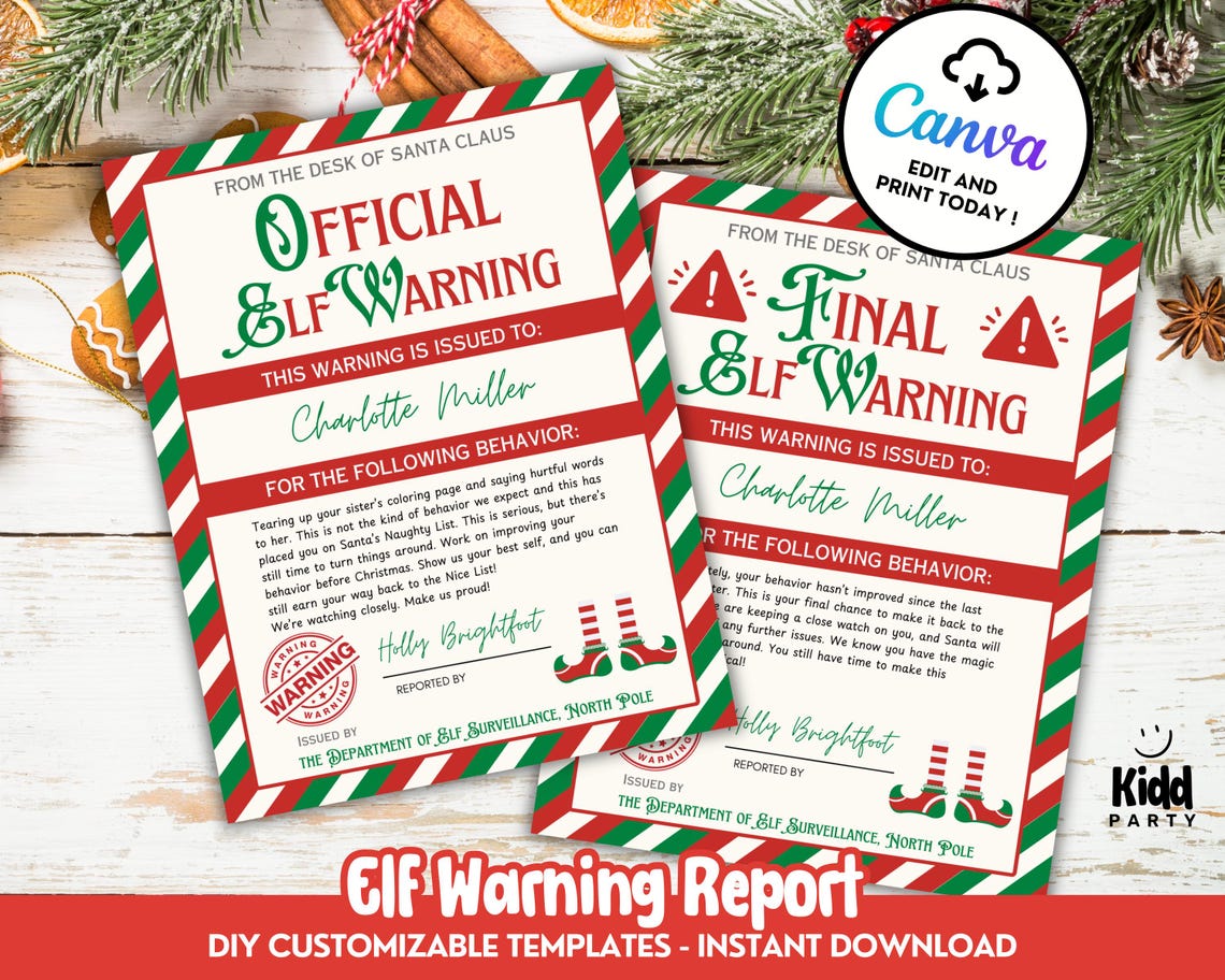 Editable Elf Warning Report Card, Printable Christmas Elf Behavior ...