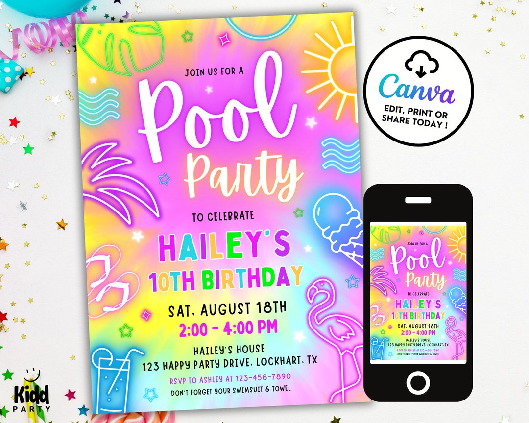 Neon Pool Party Invitation, Girl Pool Party Birthday Invite, Pink Glow ...