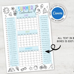 Editable Summer Calendar Poster, Summer Activities Checklist, Printable ...