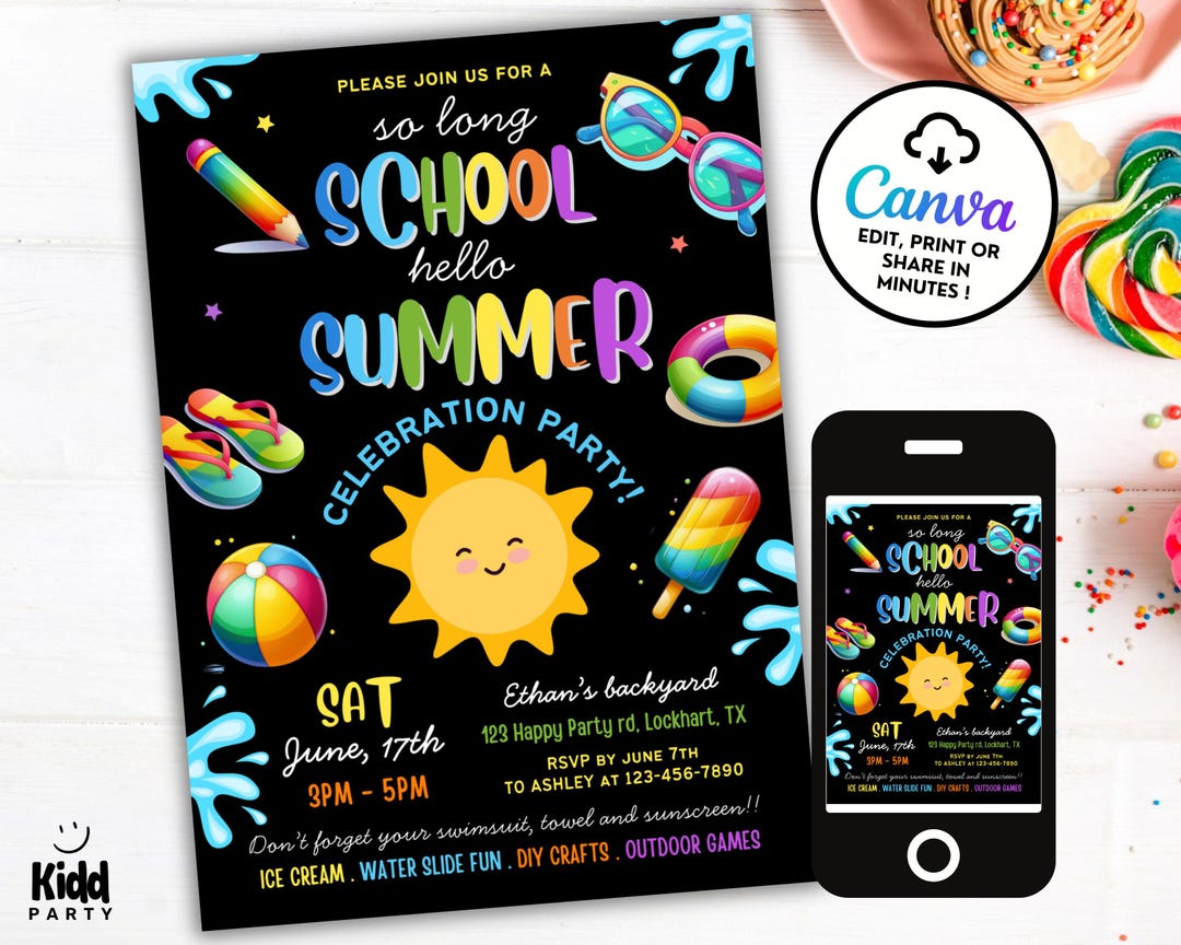 End of School Party Invitation, so Long School Hello Summer Invite ...