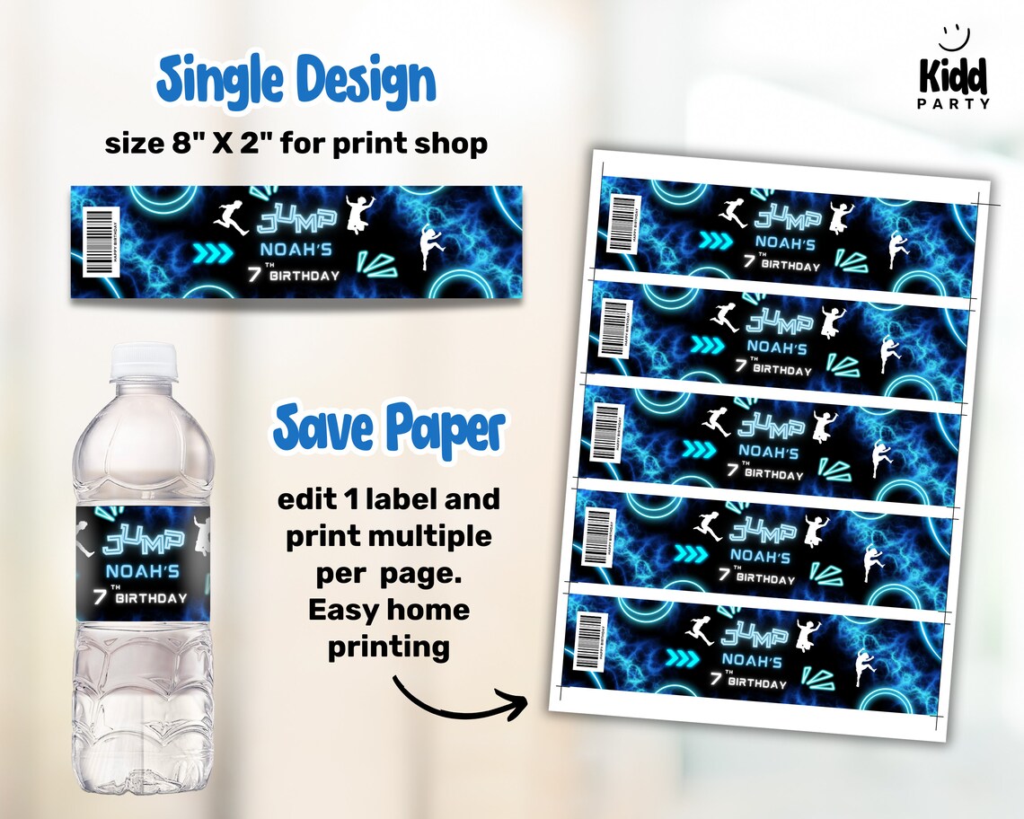 Editable Blue Neon Jump Bottle Label Template Birthday Party Favor ...