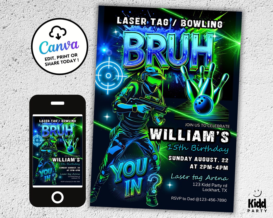 Bruh Laser Tag Bowling Birthday Invitation, Glow Laser Tag Invite, Neon ...