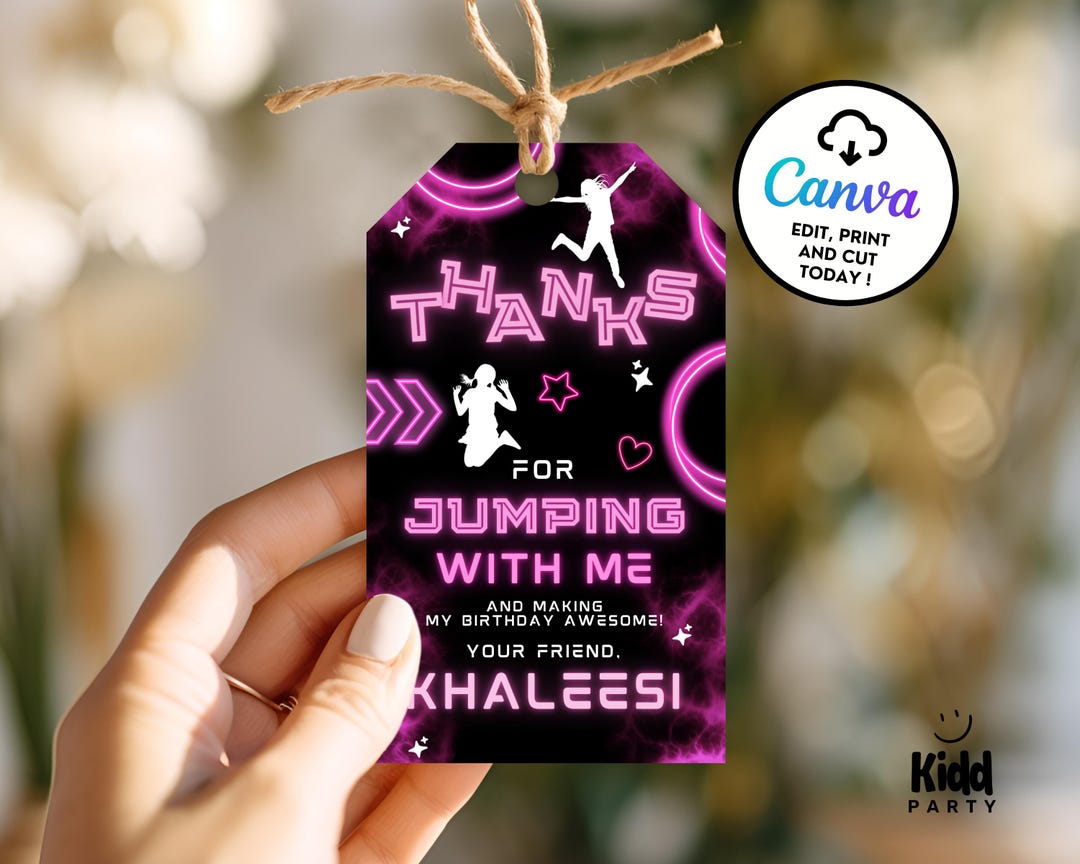 Glow Jump Favor Tag, Neon Pink Jump Birthday Gift Tag, Glow Girl Jump ...