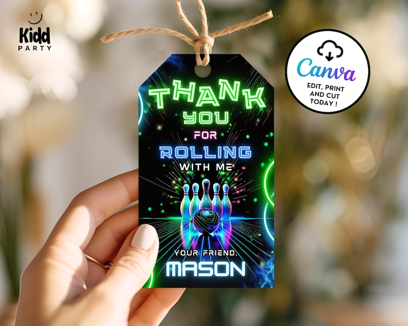 Editable Bowling Birthday Thank You Tag, Glow Bowling Favor Tag, Neon ...