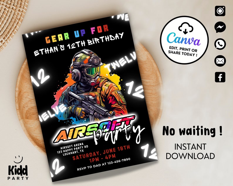 Editable Airsoft Party Invitation Colorful Flyer Airsoft Game Ammo and ...
