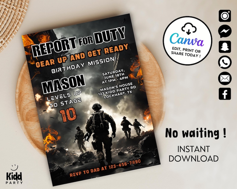 Editable Report for Duty Invitation, Birthday Mission, Soldiers ...