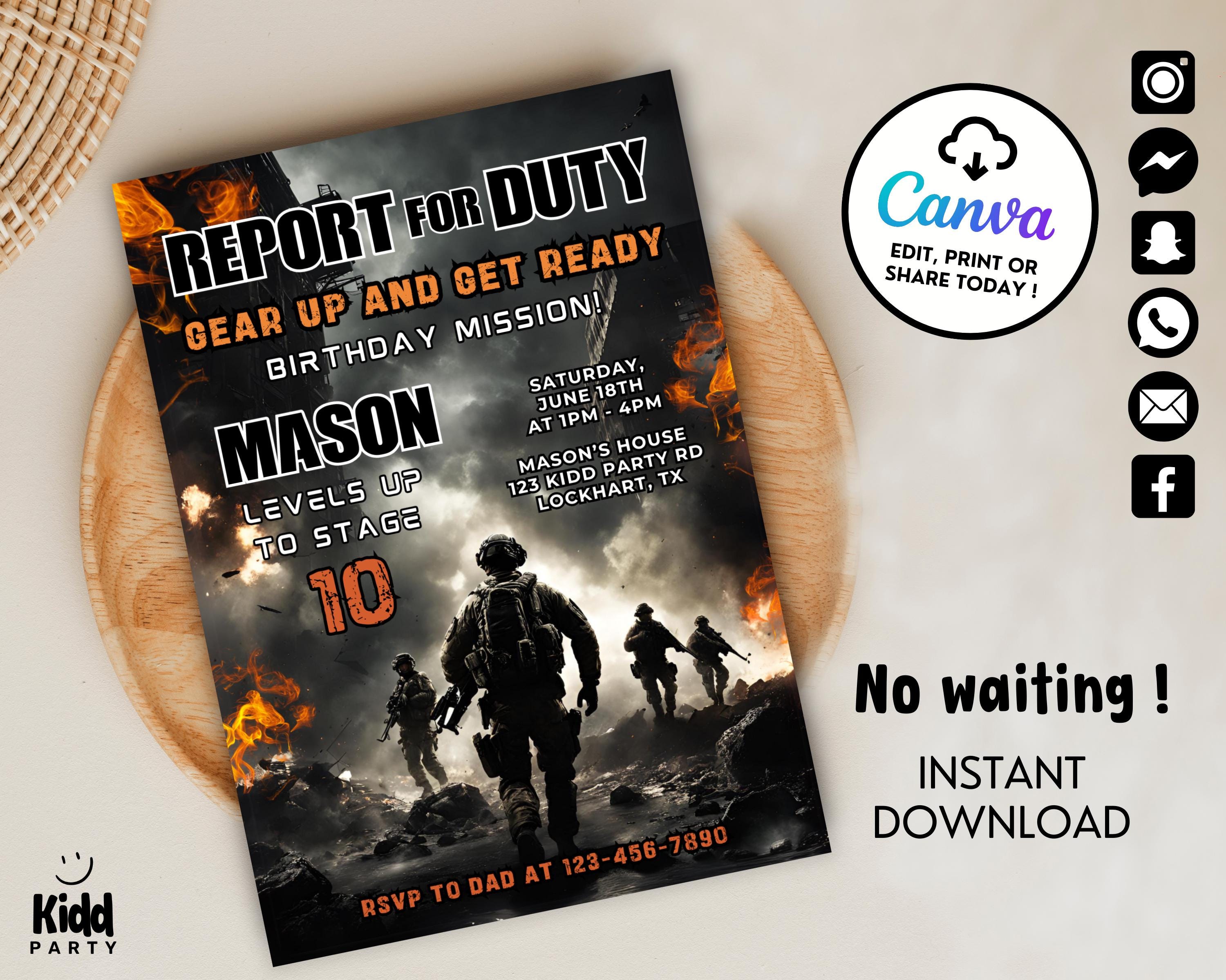 Editable Report for Duty Invitation, Birthday Mission, Soldiers ...