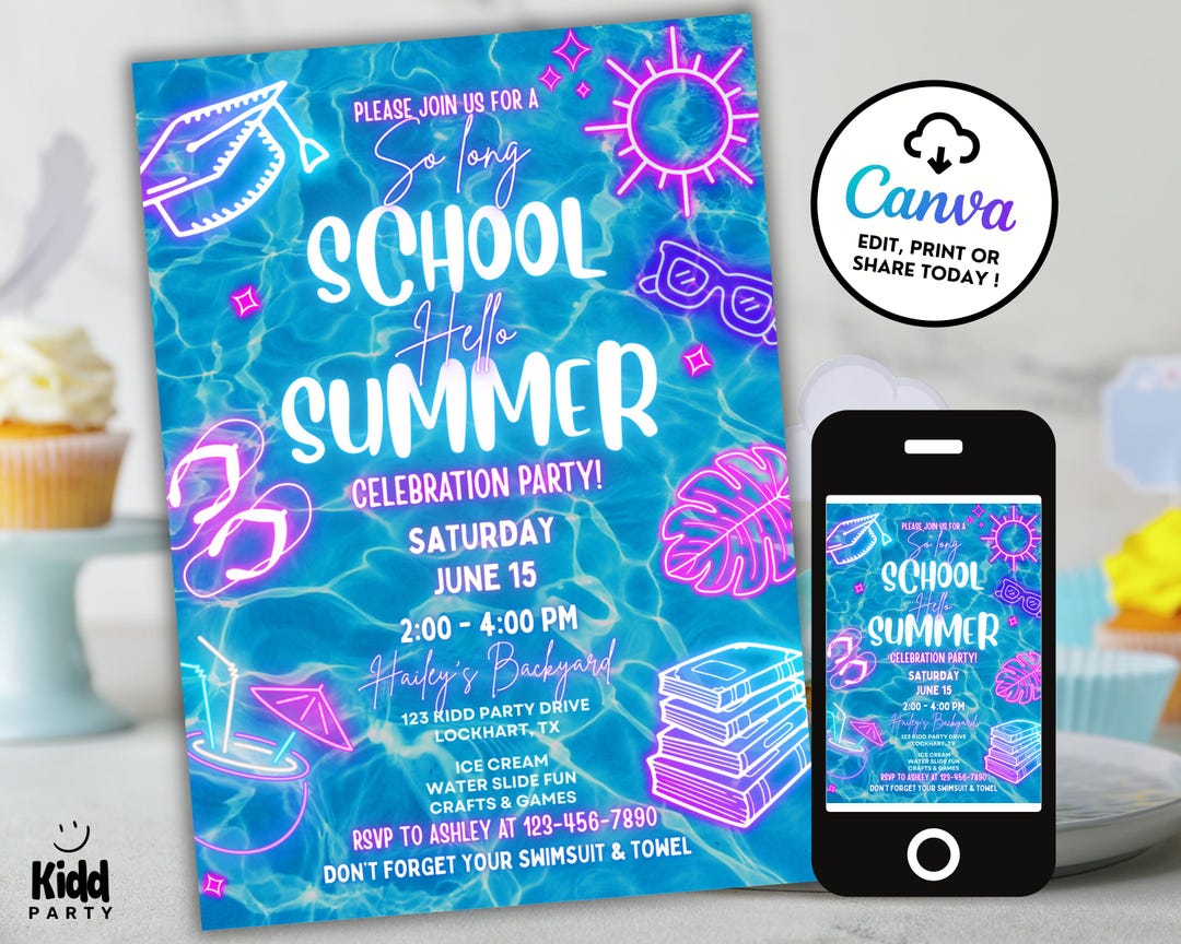 Neon Pink Pool Party Invitation, End of School Bash, so Long School ...