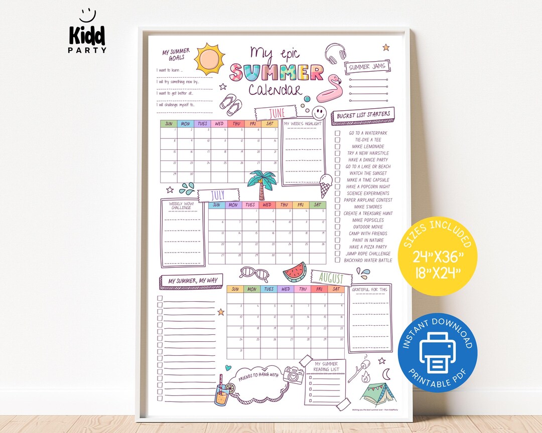 Printable 2025 Summer Calendar Poster, Tween Summer Bucket List ...