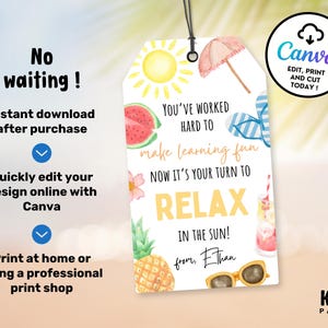 Summer Teacher Appreciation Gift Tag Editable Relax in the Sun Thank ...