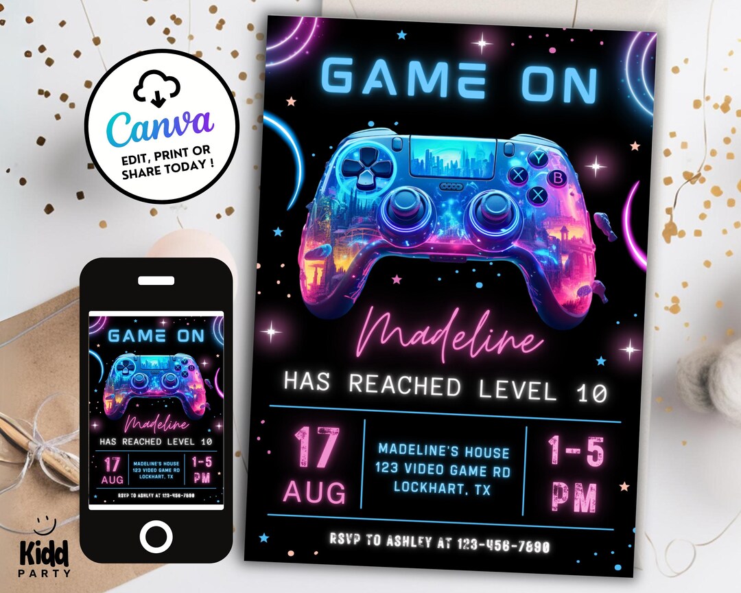 Editable Video Game Birthday Invitation - Gamer Party Canva Invite ...
