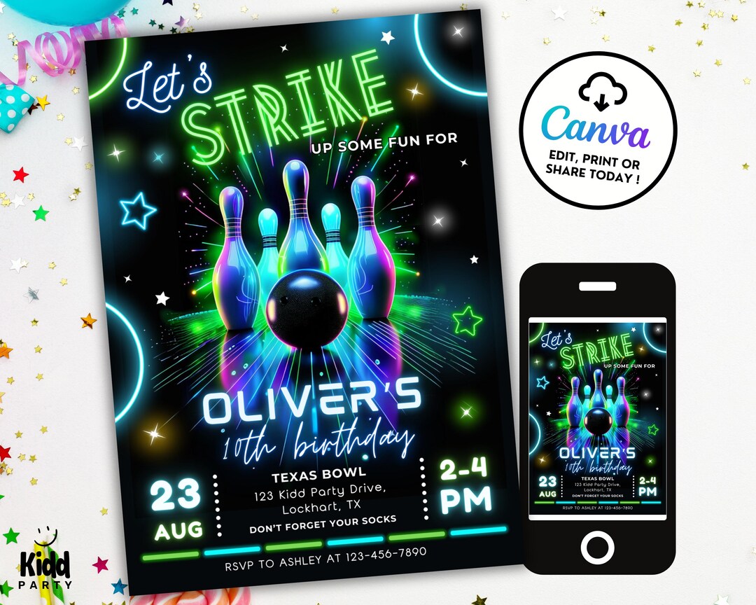Kid Bowling Birthday Invitation, Glow Bowling Invitation, Neon Bowling ...